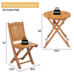 TROPOW Foldable Patio Furniture Set, Outdoor Bistro Set for 2, Wooden Table and Chairs Set, Bistro Patio Set for Poolside, Beach, Backyard, Balcony, Deck