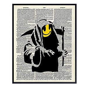 Banksy Grim Reaper Graffiti Dictionary Art - 8x10 Smiley Face Poster - Modern Home or Dorm Decor, Contemporary Wall Decoration Print - Funny Gift for Street Art Fans - Unframed Photo Print Sign
