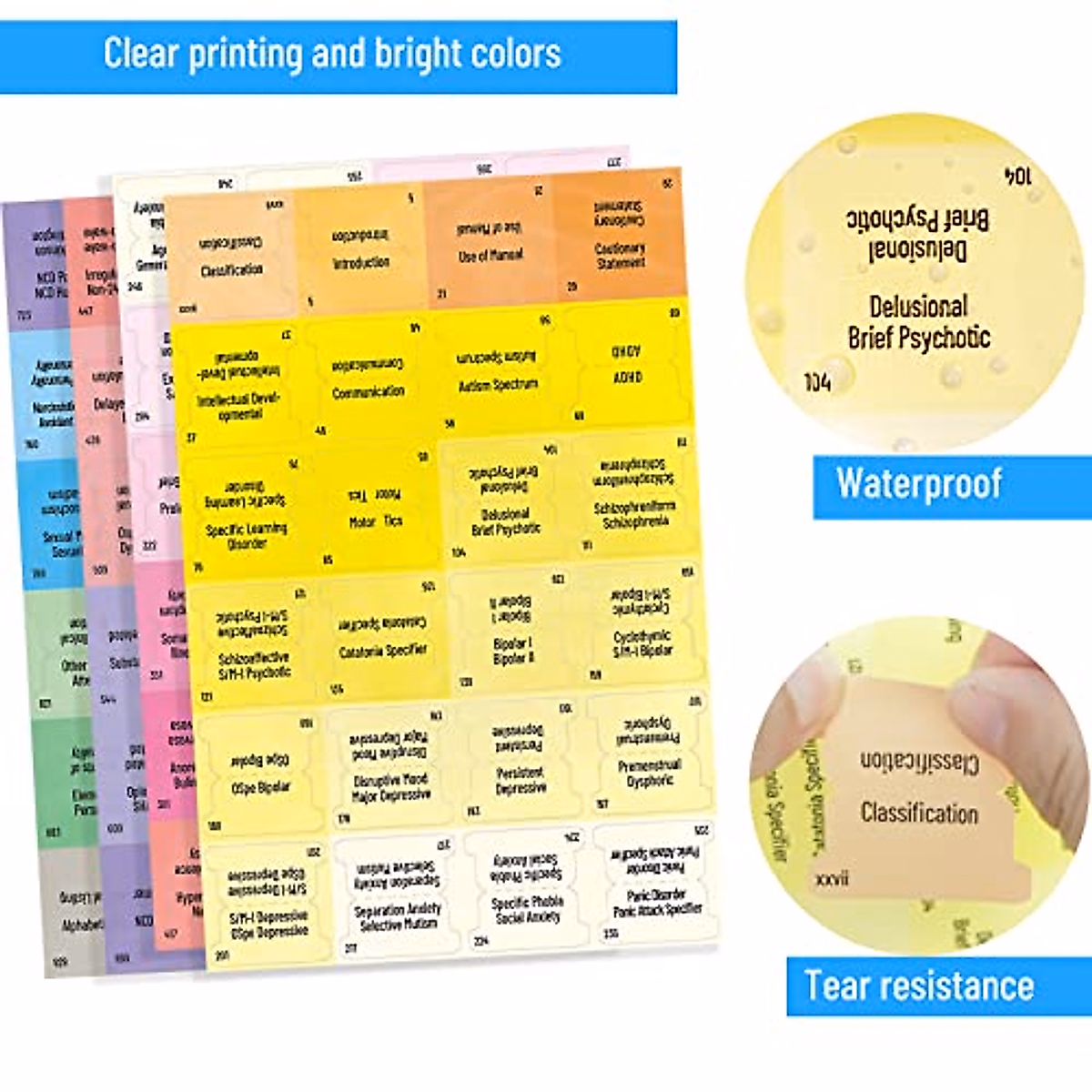 Index Tabs for DSM-5-TR, 94 Printed DSM-V-TR Tabs and 18 Blank Tab Stickers, with Alignment Card and Abbreviation Description Cards for The Diagnostic and Statistical Manual of Mental Disorders.