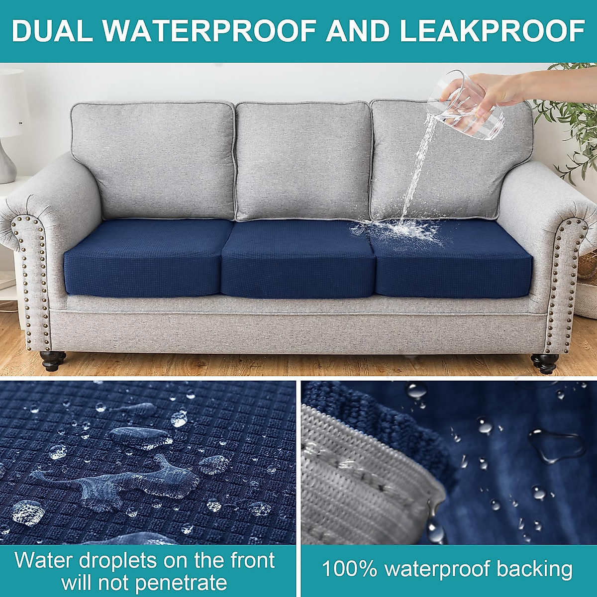 LiveGo Patio Sofa Cushion Cover Outdoor Waterproof Cushion Cover Replacement Patio Furniture Cushions Couch Slipcovers Chair Seat Cover Soft Flexibility Protector (4, Navy Blue)