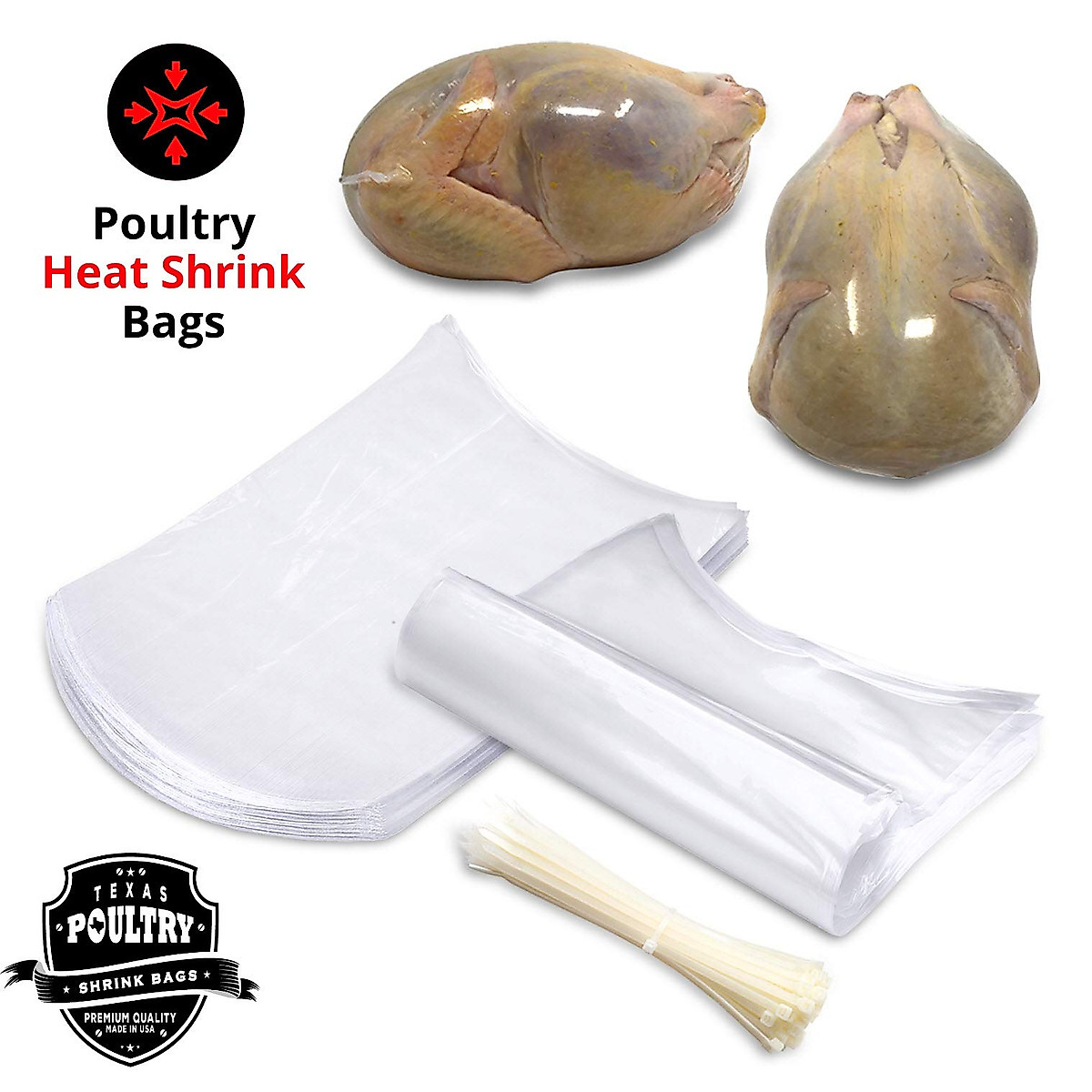 Poultry Shrink Bags - Clear 13" x 18" Chickens or Rabbits - w/zip ties included / 2.5 Mil/Freezer Safe Commercial Grade BPA BPS Free (25)