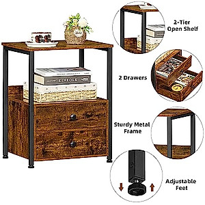 Lerliuo Nightstand, Industrial Bed Side Table with 2 Drawers Storage Open Shelf, Sturdy End Table with Steel Frame, Night Stand for Bedroom, Living Room, Vintage Brown