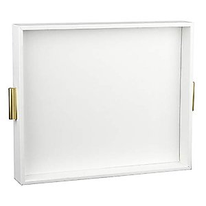 HofferRuffer Extra Large Serving Tray with Handles, Elegant Faux Leather Storage Decorative Tray for Coffee Table, Ottoman, Console Table (White Tray+Golden Handle)