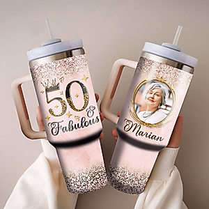 WAZONE Personalized 50th Birthday Tumbler Travel Coffee Mug Stainless Steel Tumblers With Lid 40oz Cups Custom Name Birthday Gifts For Women Mom Friends Family Sister Brother Dad Bff