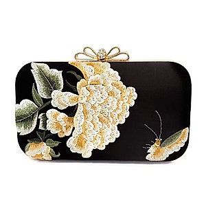 AININTON Women Embroidered Bag Silk Shoulder Bag Black Handbag Rectangle Crossbody Bag with Pearl Chain for Wedding Party Banquet