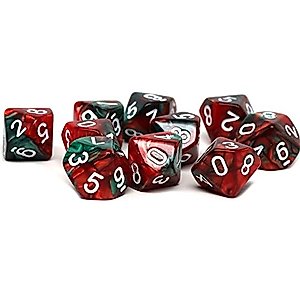 Ten Count Pack of D10 Dice - Matching Collection of 10 Sided Plastic Polyhedral Dice (Green and Red Swirl)