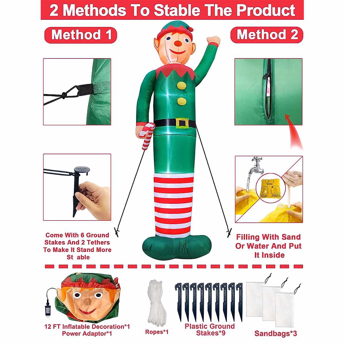 TURNMEON 12 Foot Giant Christmas Inflatable Elf, Christmas Decoration Outdoor Blow Up Elf Holds Candy Cane with Tethers Stakes LED Lighted Holiday Xmas Decoration Outside Yard Lawn Garden Home Party