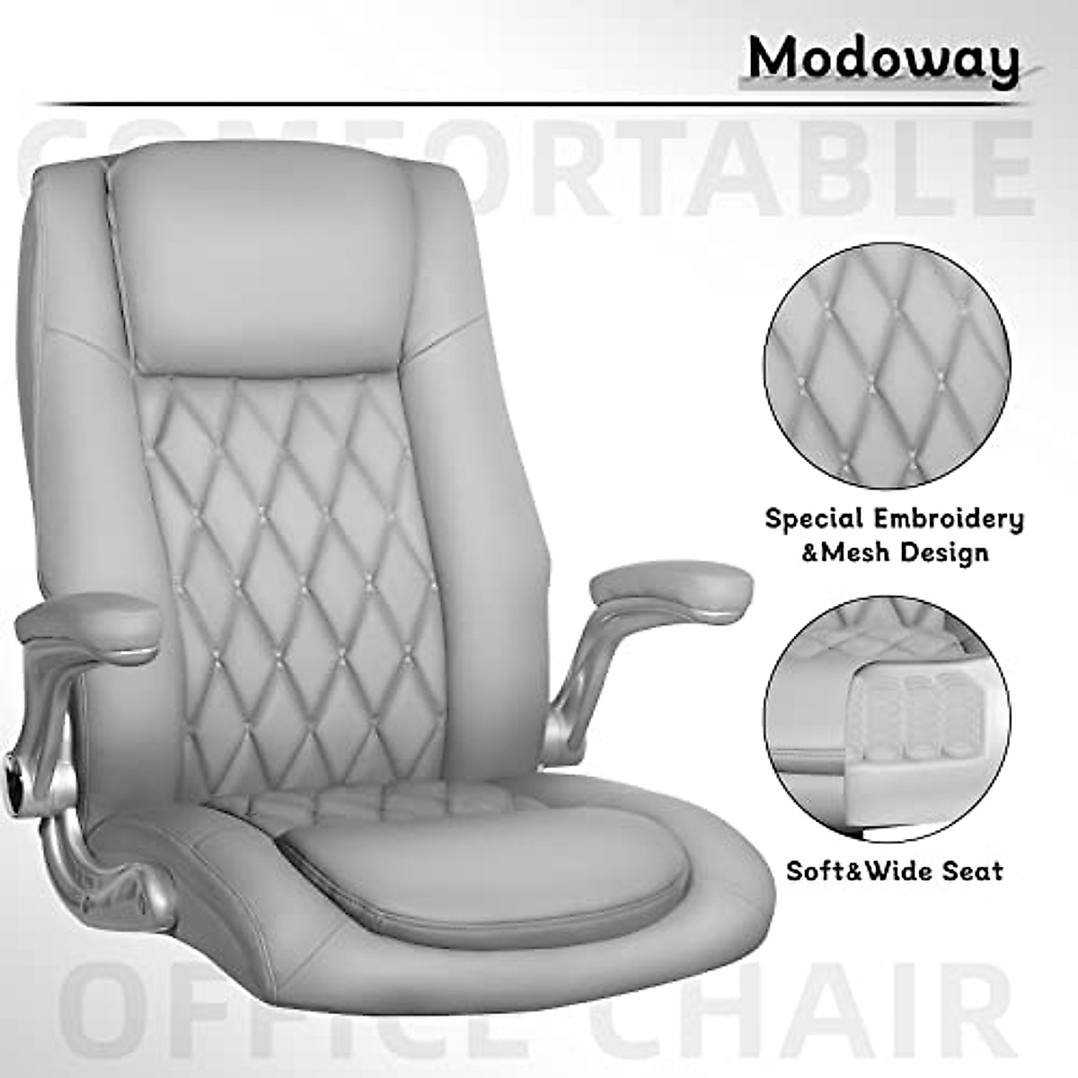 Modoway O205 Executive Office Chair Grey, Big and Tall Office Chair Heavy Duty 400lbs, High Back Leather Office Chairs with Flip-Up Arms and Lumbar Support, Living Room, Gaming