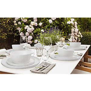 Melamine Dinnerware Set - 12 pcs Melamine Plates Indoor and Outdoor use Matte White SPECKLED DESIGN Plates and Bowls Dinnerware Sets Summer Fall Camping Dish Set for 4 Dishwasher Safe