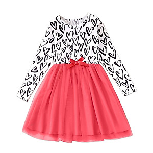PATPAT Kid Girl Dress Letter/Heart Print Bowknot Design Mesh Splice Casual Long-Sleeve Tutu Dress for Kids White 6-7 Years
