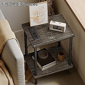 Fixwal 2-Tier Nightstand with Charging Station, End Table Set of 2, Side Table with USB Ports and Power Outlets, Side Table for Living Room, Bedroom, Grey and Black