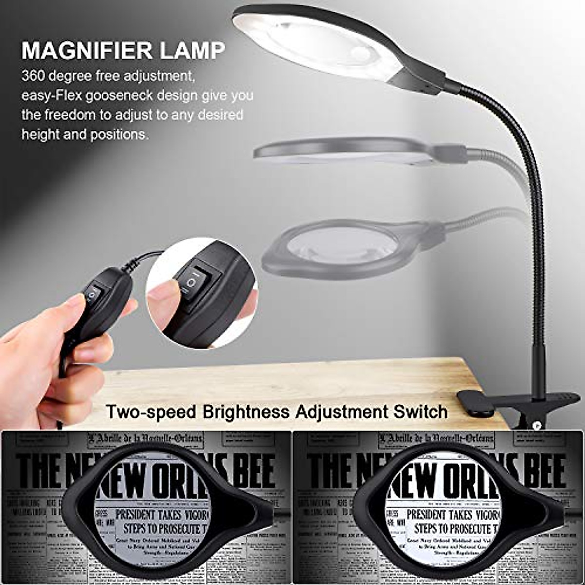 Dylviw Bright Light Desk Gooseneck Magnifier Lamp with Metal Large Clamp, Magnifying Glass with Adjustable Light for Daily Hobbies Repairing, Reading, Crafts