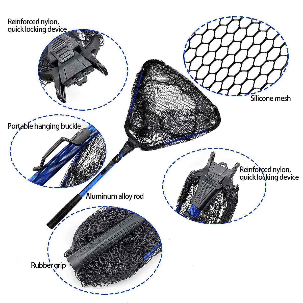 YHC Freshwater Saltwater Fishing Floating Fishing Net Extra Strong Foldable Fishing Net Rubber Coated Fish Landing Net Blue