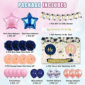Gender Reveal Decorations - 4 Sets of He or She Balloons Boxes with Letters,Baby Blocks for Baby Shower Backdrop,Navy and Blush Balloons Set & Boy or Girl Banner,Mommy To Be Sach with Paper Pom Poms for Boy or Girl Baby Shower Gender Reveal Party Supplies