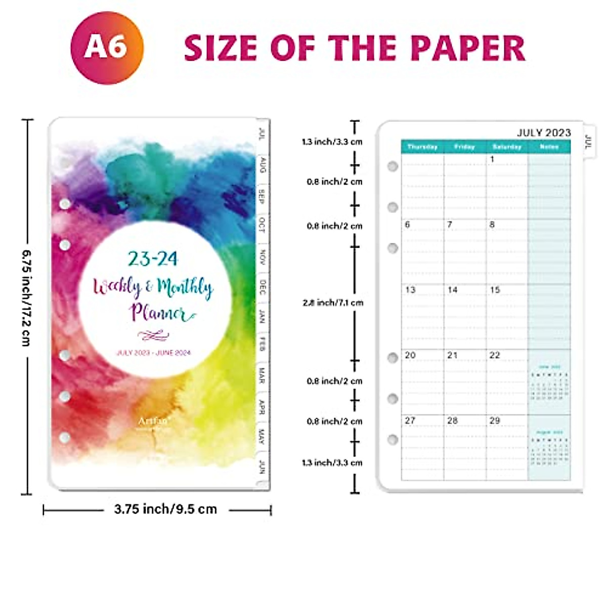 2023-2024 Planner Refills - Planner Refills 2023-2024, 2023-2024 Weekly & Monthly Planner Refills, A6 Planner Inserts, 3.75 x 6.75 inch, 6 Holes, 2023-2024 Planner Inserts from Jul.2023-Jun.2024, A6 Planner Refills - Watercolor Ink