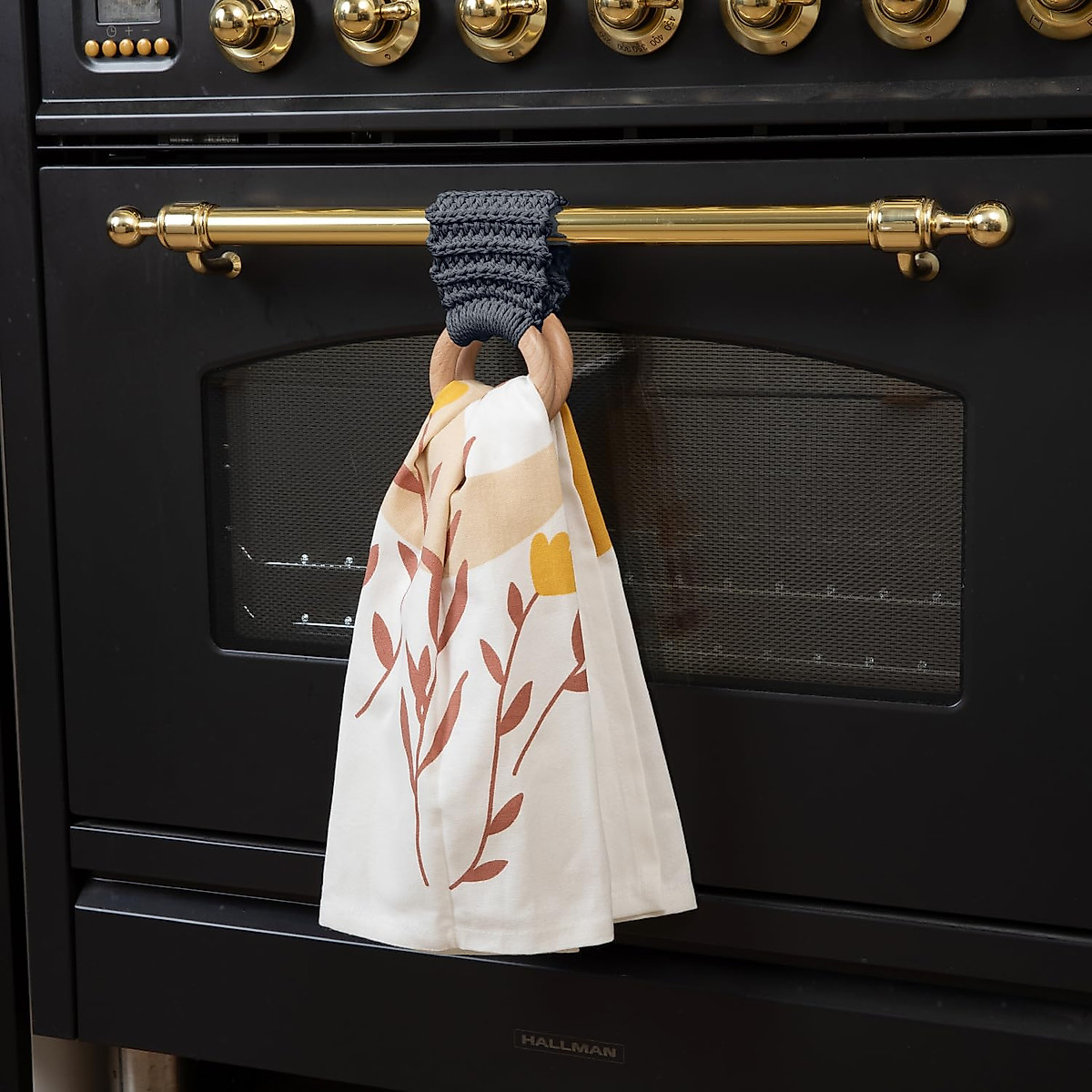 Hanging Kitchen Dish Towel Holder (Handmade Crochet), Decorative Boho Macrame Kitchen Towel Hanger Loop Ring Makes a Unique Gift for Birthday Thanksgiving Day 11 Inches (Grey)