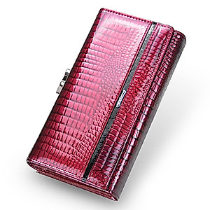 Dicihaya Womens Large Capacity Zipper Luxury Patent Genuine Leather Clutch Wallet Multi Card Organizer Coin Pouch (Burgundy)