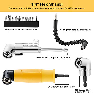 Alltope 90/105 Degree Right Angle Drill, 5 PCS Angle Extension Power Drill Attachment with 1/4'' Hex Impact Shank, Flexible Shaft Adapter, Magnetic Socket Angled Drill Bit Holder for Screwdrivers
