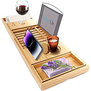 SereneLife Luxury Bamboo Bathtub Caddy Tray - Adjustable Natural Wood Bath Tub Organizer with Wine Holder, Cup Placement, Soap Dish, Book Space & Phone Slot for Spa, Bathroom & Shower SLBCAD20