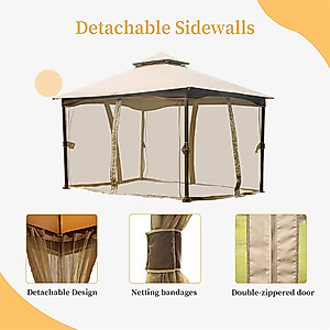 10'x13' Gazebo, Outdoor Gazebo with Mosquito Netting, Metal Frame Double Roof Soft Top Patio Gazebo Canopy Tent for Deck Backyard Garden Lawns (Khaki)