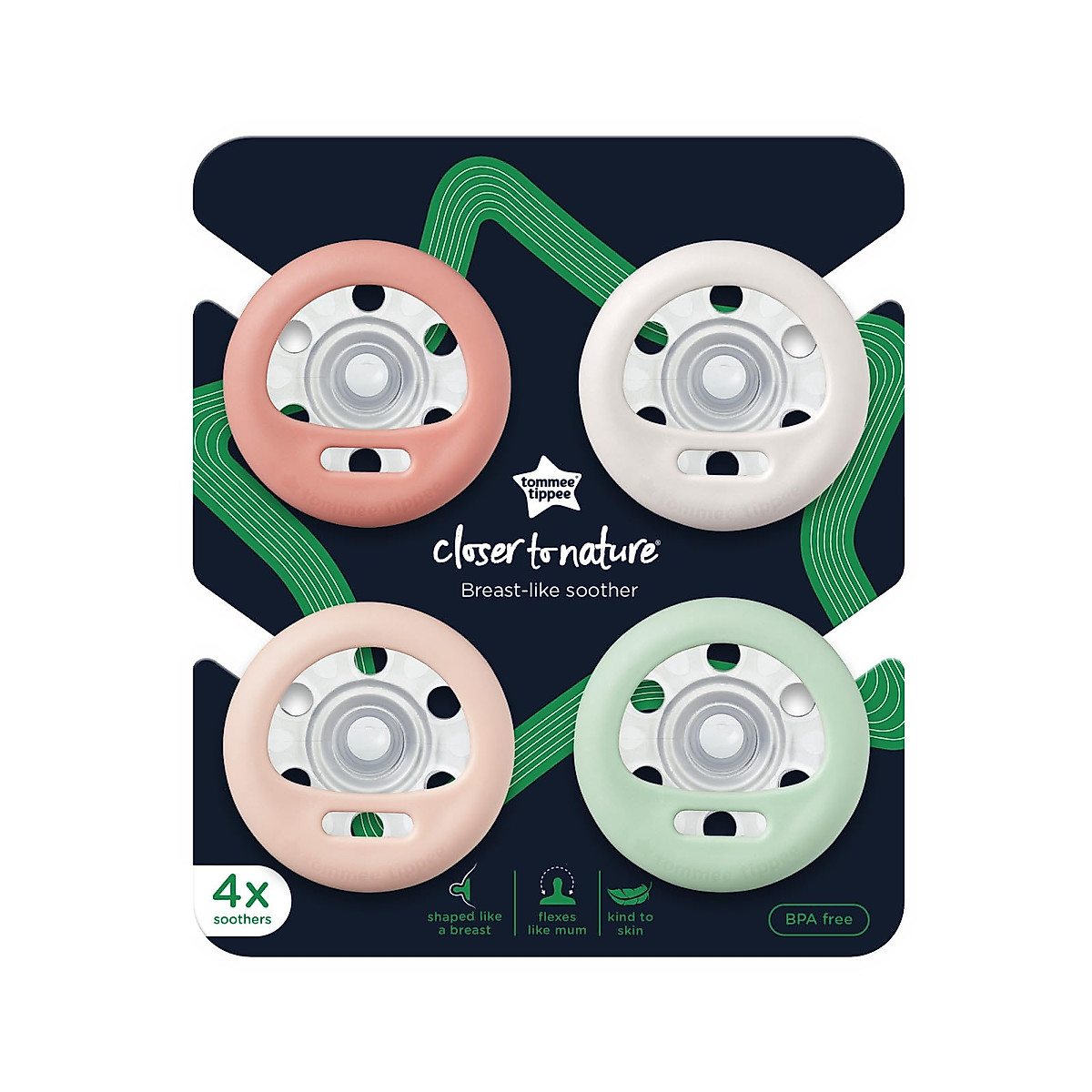 Tommee Tippee Breast-Like Pacifier, 0-6 month pack of 4 pacifiers with breast-like baglet, symmetrical design, BPA free