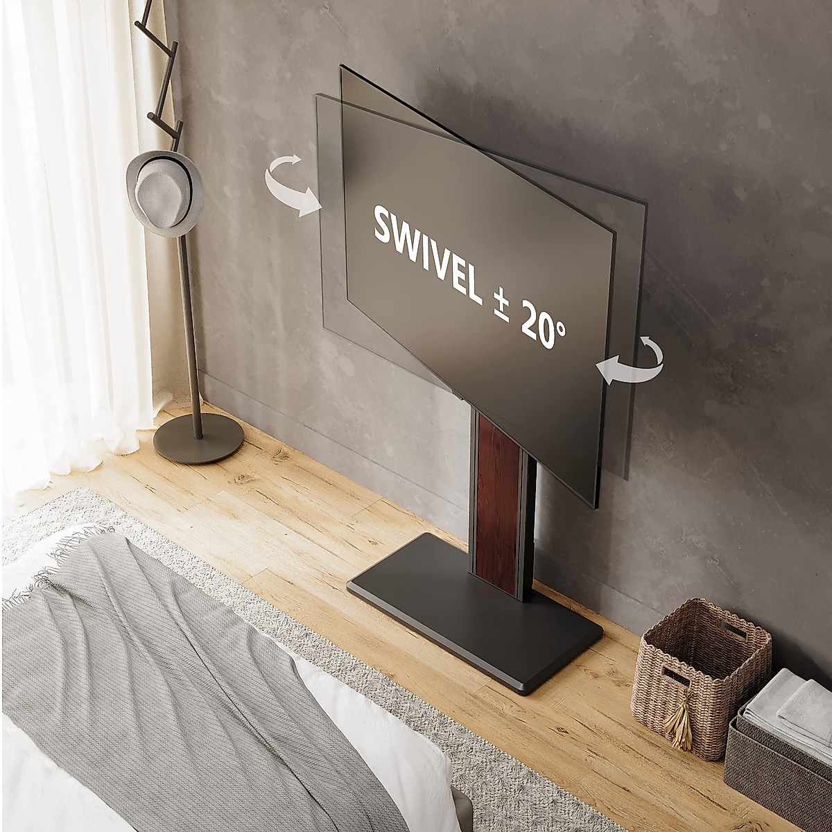 FITUEYES Universal Floor TV Stand with Swivel Height Adjustable Mount for 32 43 50 55 65 75 inch TVs, Mid Century Modern Corner TV Stand Space Saving for Living Room Bedroom (Black & Walnut)