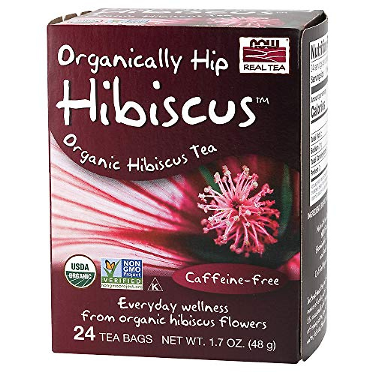 NOW Foods, Organically Hip Hibiscus™ Tea, Caffeine-Free, Non-GMO, No Added Colors, Preservatives or Sugars, Premium Unbleached Tea Bags with our No-Staples Design, 24-Count