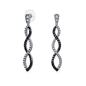 Black White Cubic Zirconia Pave Long Romantic Infinity Twist Drop Earrings For Women Prom Cocktail Party CZ Silver Plated Brass