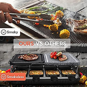 Voohek Korean BBQ Grill Raclette Table Grill Hibachi Electric Indoor Grill 2 in 1 Non-stick Grilling Plate and Natural Cooking Stone Adjustable Temperature 8 Raclette Pans 8 Wooden Spatulas 1300W