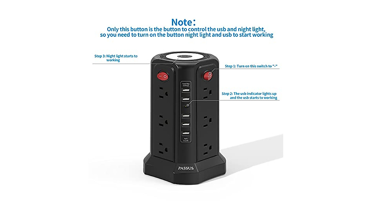 Surge Protector Power Strip with 5 USB Ports, Night Light, 18W Fast ...