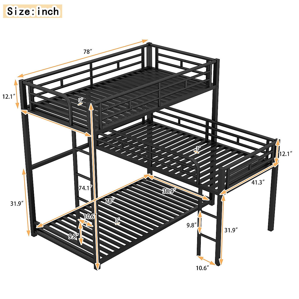 Twin Over Twin Bunk Bed, L-Shaped Metal Triple Bunk Bed Attached Twin Loft Bed with LadderFull-Length Guardrails, 3 Bed Bunk Beds for KidsTeens LF, Black