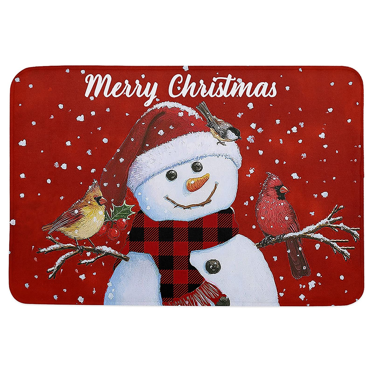Christmas Bath Rugs Christmas Snowman Sponge Doormat Absorbent Non Slip Backing Durable Soft Flannel Mat Red Cardinals Winter Snowy Christmas Memory Foam Mats for Bathroom Kitchen 16 x 24 inches