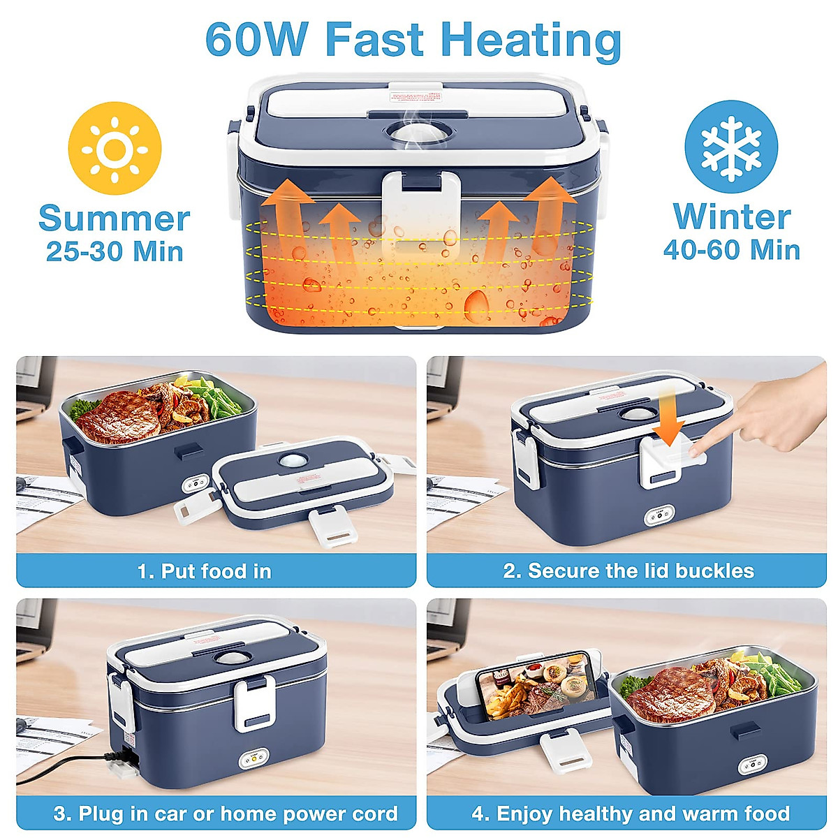 LHMTQVK Electric Lunch Box, Portable Food Warmer, Heated Lunch Box, Lunch Containers Lunch Warmer for Adults, 60W 1.8L 12V-24V 110V 3-in-1 Portable Microwave Food Heater (White+Royal blue)
