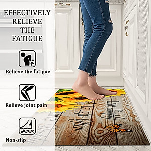 Sunflower Kitchen Rugs and Mats Yellow Sunflower on The Wooden Kitchen Decor Farmhouse Anti Fatigue Mat Non Skid Washable Standing Mat Live Laugh Love Kitchen Rugs17x30+17x47inch