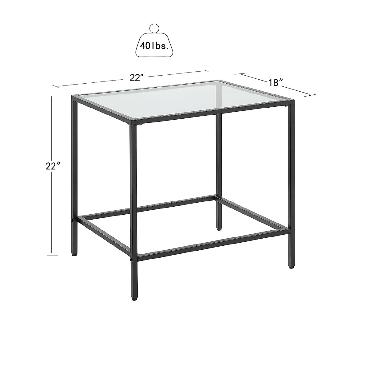 CAWS 22" W Black End Table, Tempered Glass Rectangle Side Table, Night Stand, Modern Minimalist Table, 21.97"L x 18"W x 22"H