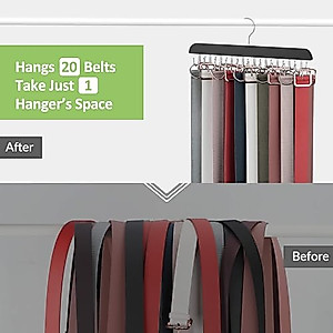 OMHOMETY Belt Hanger for Closet Max 60 Belts, Sturdy Wood Belt Organizer with 20 Hooks, Hanging Belt Rack Belt Storage Holder, Black 1 Pack