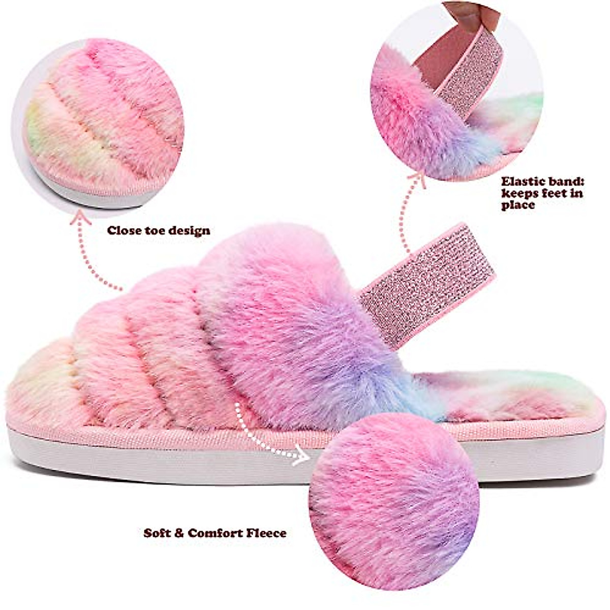 Kids Fluffy Fuzzy Slippers Rainbow Color House Home Slippers for Boys and Girls Faux Fur Slides with Strap Little Kids Slip-on Shoes