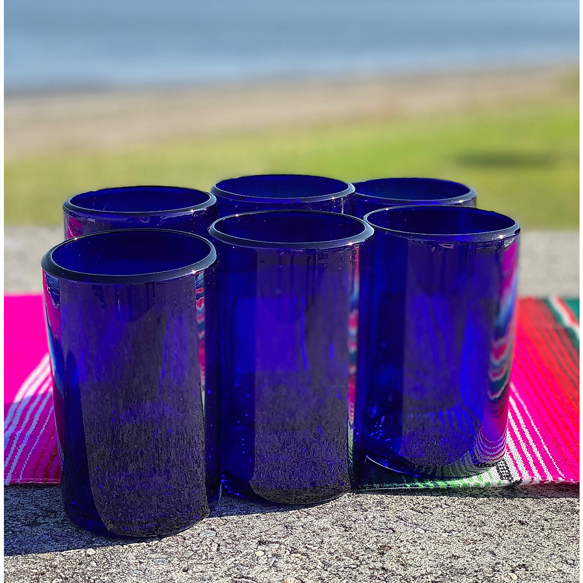 Hand Blown Mexican Drinking Glasses – Set of 6 Cobalt Water Glasses (14 oz each)