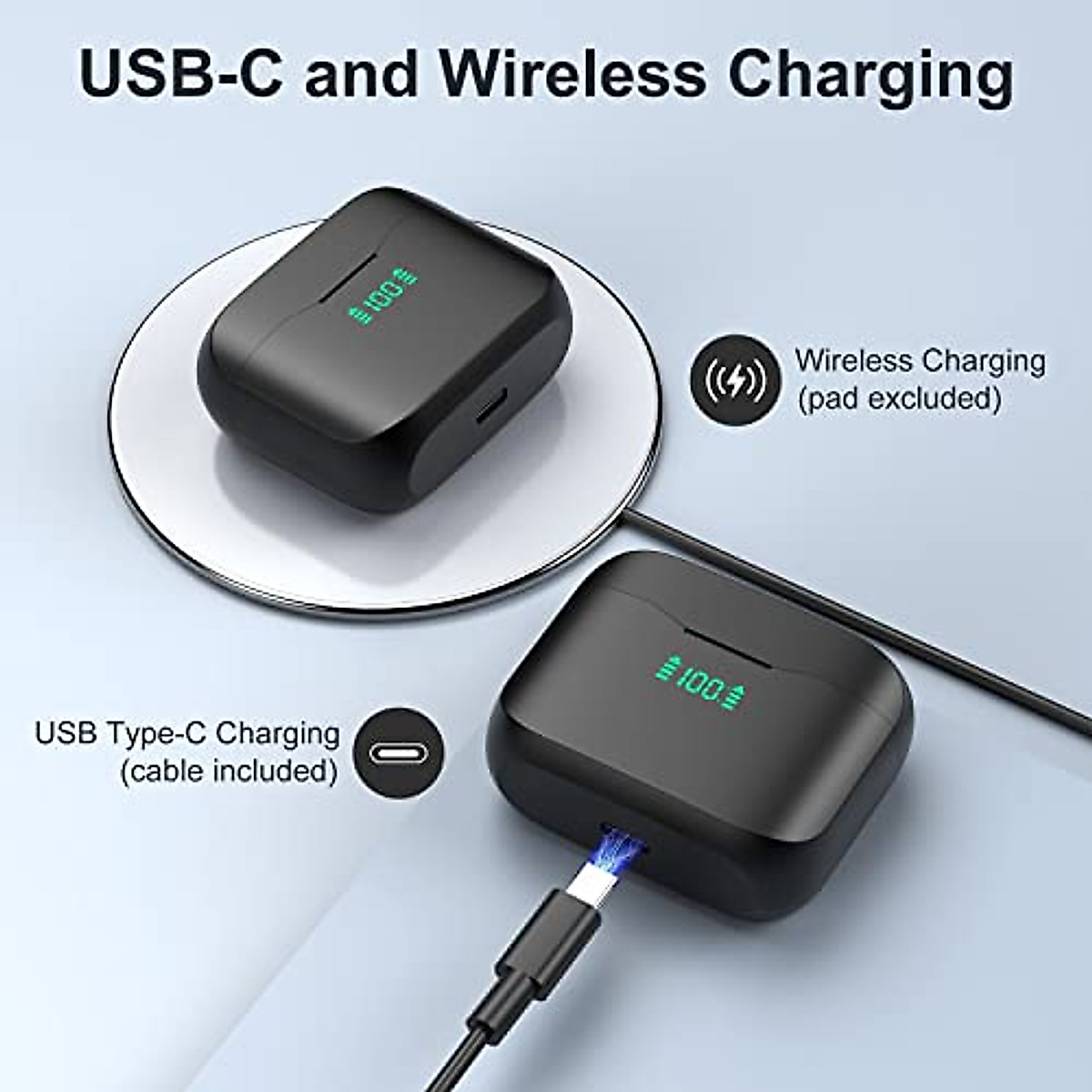 FOF Wireless Earbuds Noise Cancelling Bluetooth 5.3 Headphones IPX6 Waterproof LED Power Display Ear Buds in-Ear Earphones with Wireless Charging Case 4 Microphone 50H Playback Headset