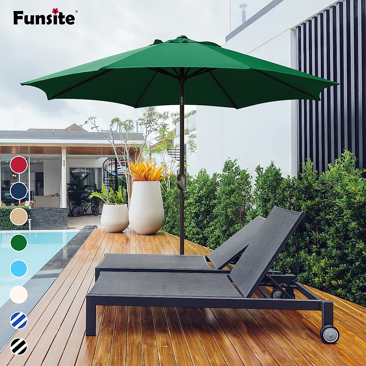 Funsite 9ft Patio Umbrella, UV Protect Pool Umbrella with Heavy Duty Pole, Ventilate Design Outdoor Umbrella with Push Botton Tilt & Crank Ideal for Garden, Lawn, Deck, Backyard&Pool, Grass Green