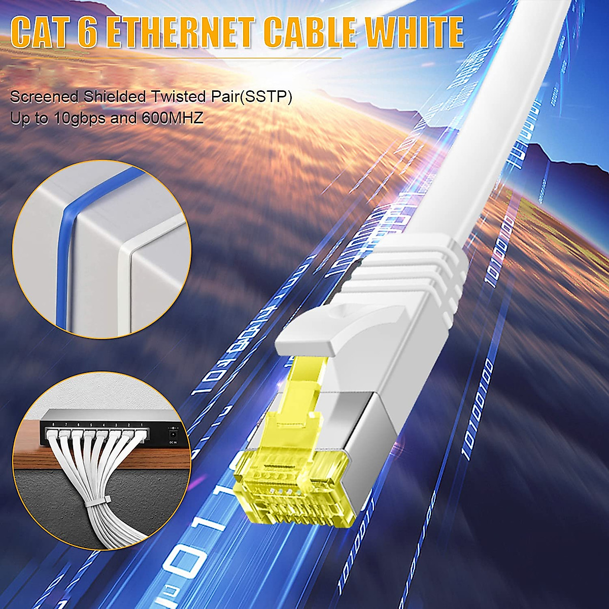 Aoforz Cat 6 Ethernet Cable 100 ft,High Speed Flat White Cat 6 Internet Network Patch Cord,Long Ethernet Cable with Snagless Rj45 Connectors and Cable Clips-(100 Feet)