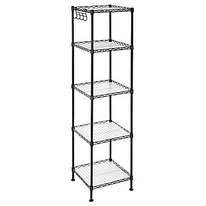 SONGMICS Bathroom Shelf, Storage Rack for Small Space, Total Load Capacity 220 lb, 11.8 x 11.8 x 48.6 Inches, with 5 PP Sheets, Removable Hooks, Extendable Design, Black and Translucent ULGR23BK