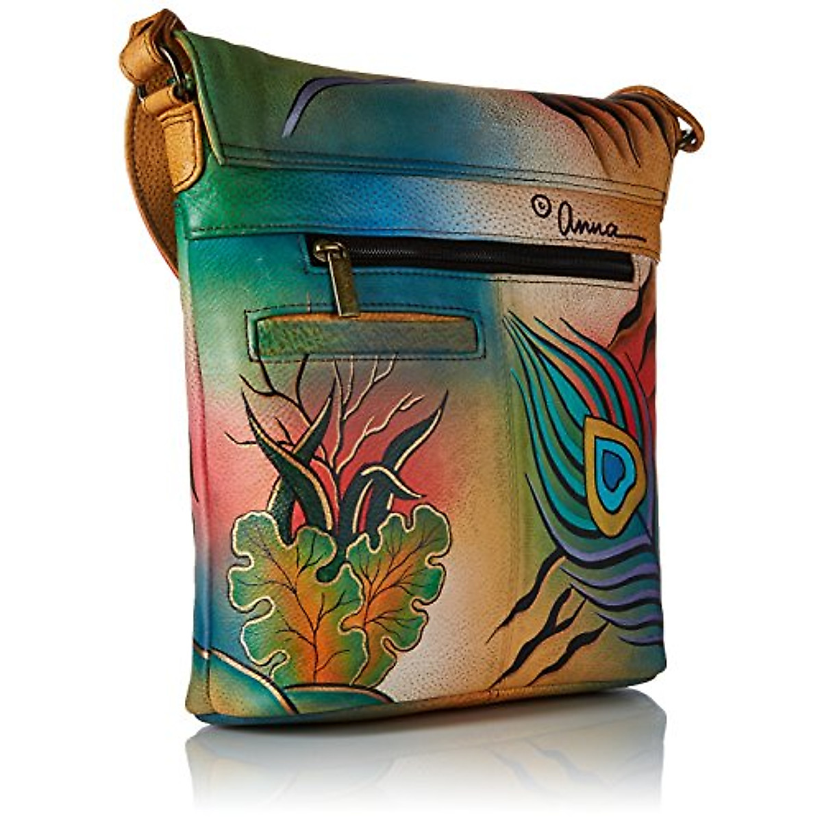 Anna by Anuschka Genuine Leather V-Shap Flap Crossbody Bag | Hand-Painted Original Artwork | Peacock Collage
