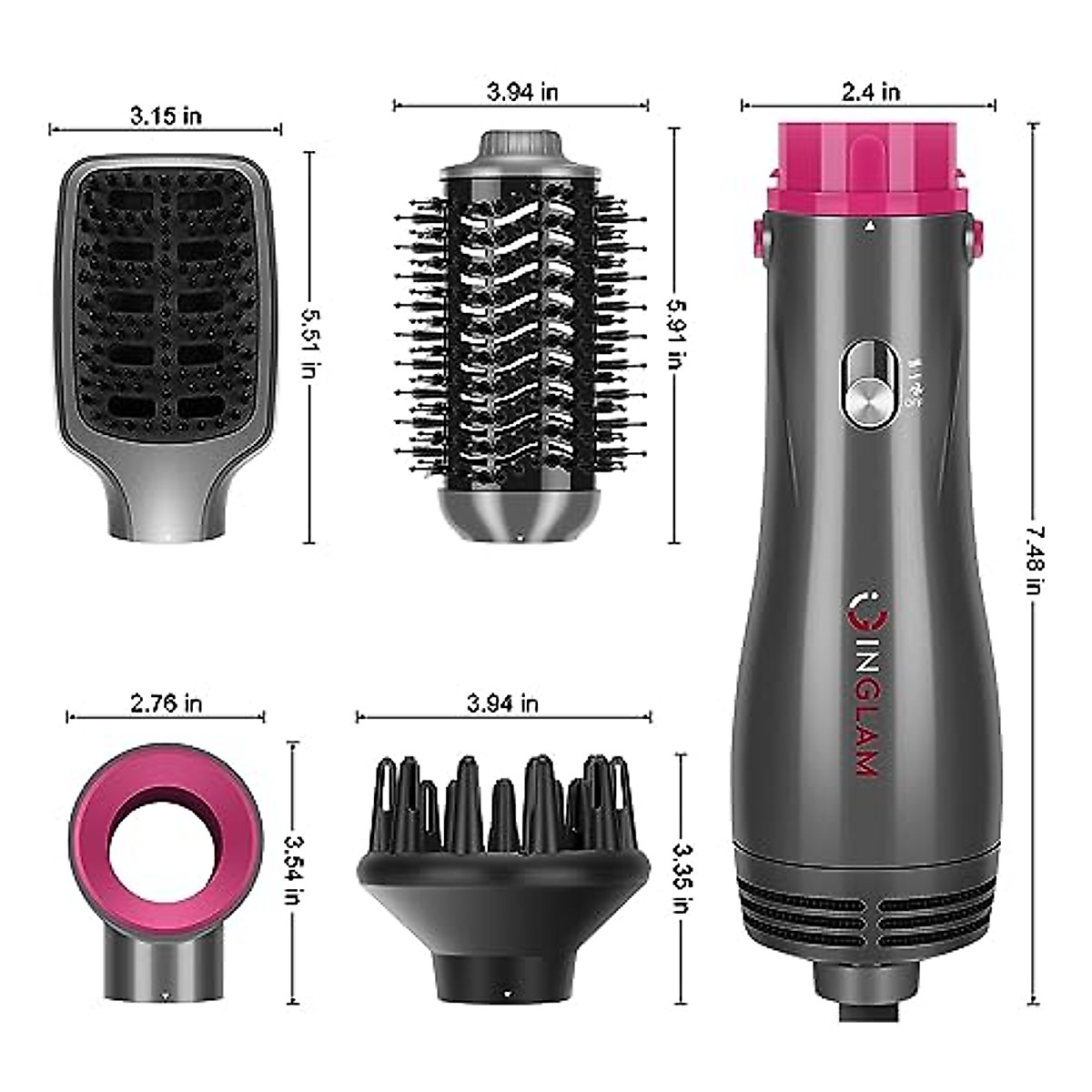 Hair Dryer Brush Set, IG INGLAM 4 in 1 Hot Air Brush, Negative Ion Detachable Hair Dryer & Styler Volumizer Blow Dryer Brush with 2 Styling Brush Heads, Updated Push Switch, Gray