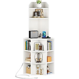 YITAHOME Corner Shelf with USB Ports & Outlets, Modern Corner Storage Cabinet Rack, Wooden Corner Cube Storage Display Bookshelf Bookcase for Living Room, Bedroom, Dining Room, White