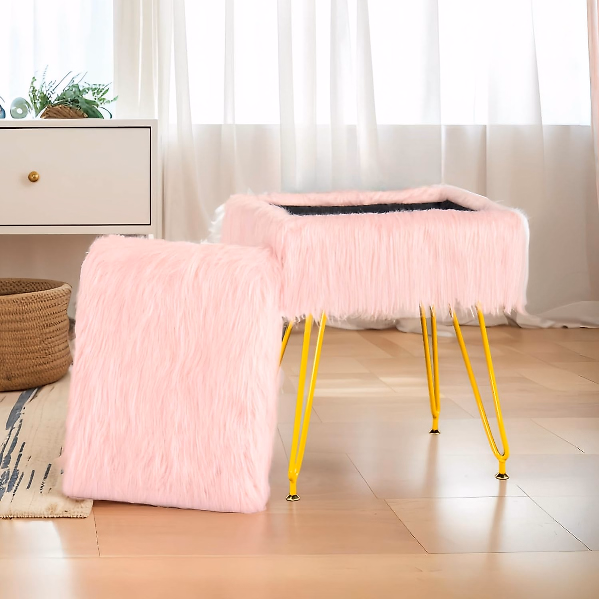 MOOWIND Vanity Stool Chair with Storage, Soft Ottoman Seat Vanity Stool with Anti-Slip Feet, Fluffy Padded Seat Multifunctional Footrest Side Table with 4 Metal Legs for Makeup, Bedroom, Pink