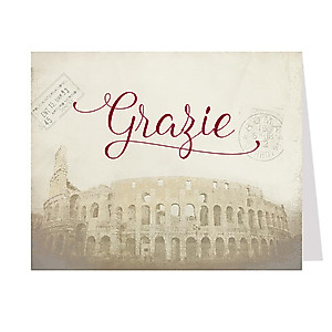 The Invite Lady Grazie Thank You Cards Bridal Wedding Shower Colosseum Rome Italy Italian Passport Stamps Honeymoon Travel Adventure Awaits That's Amore Brown Vintage (24 Count)