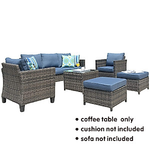 ovios Patio Coffee Table Outdoor Table Wicker Rattan Patio Table with Glass Top Garden Tea Table Side Table for Yard Garden Porch, Grey Wicker