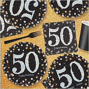 50th Birthday Party Supplies - Metallic Silver and Gold Dot Paper Dessert Plates and Napkins (Serves 16)