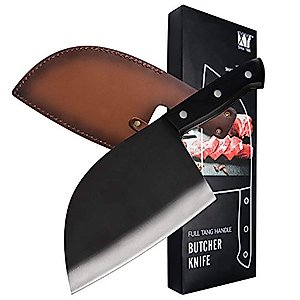 XYJ Kitchen Knife Camping Knife Full Tang Butcher Knife 3cr13 Stainless Steel Serbian Chef Knife Meat Vegetable Knives Leather Sheath with Belt Loop Easy Carry